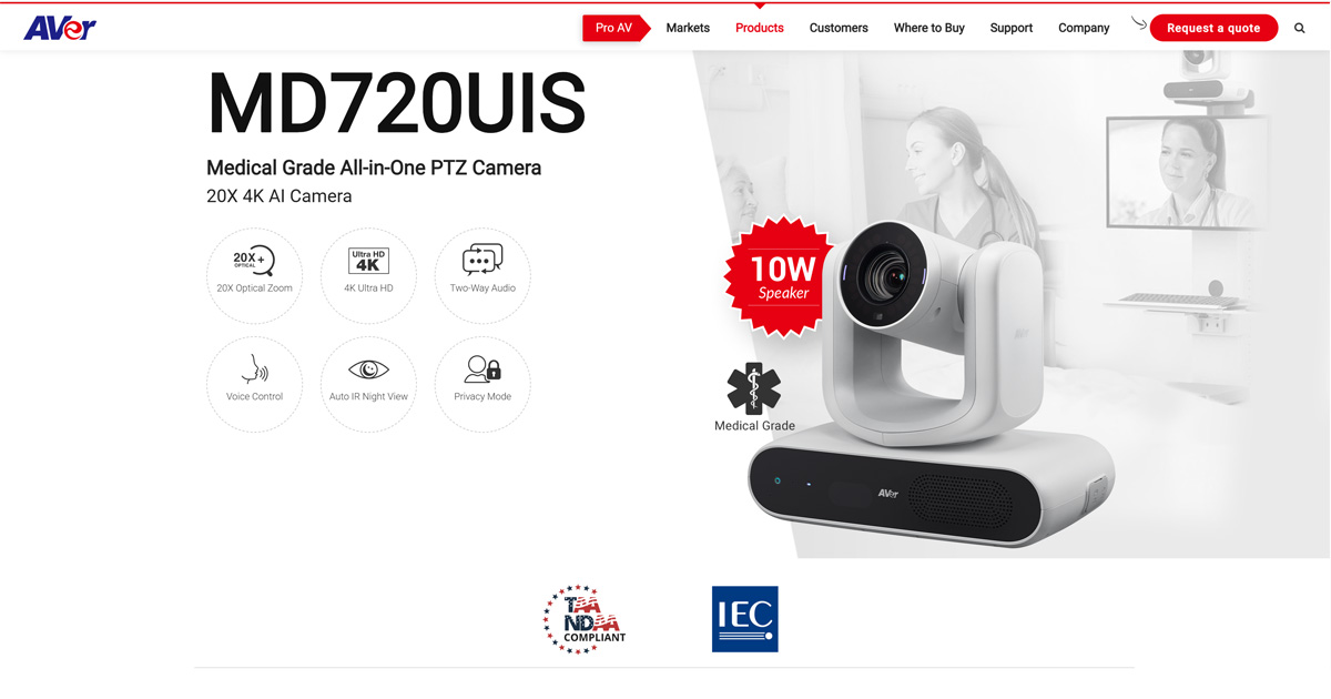 AVer MD720UIS - All-in-One 20X 4K AI Medical Grade PTZ Medical Camera | AVer USA