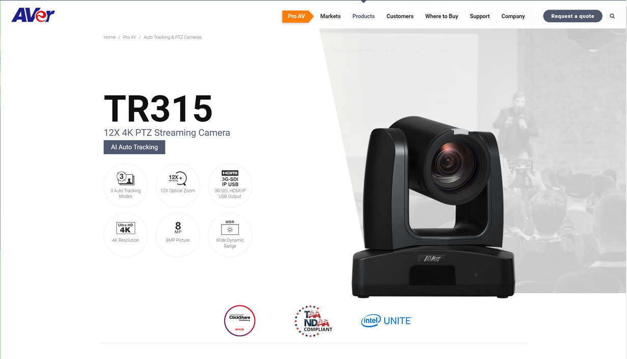 AVer TR315 - 12X 4K PTZ Streaming Camera - AI PTZ Camera | AVer USA